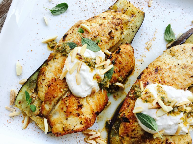 Lemon and Harissa White Fish with Eggplant and Spiced Yogurt ...